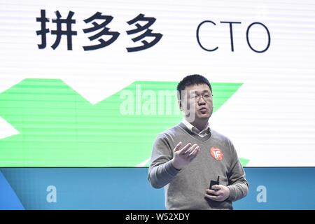 Chen Lei, Chief Technology Officer (CTO) of Pinduoduo, speaks during ...