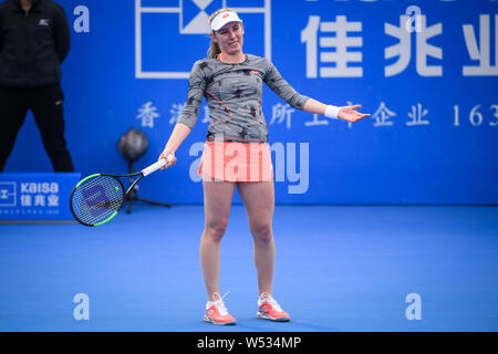 Ekaterina Alexandrova, of Russia, reacts during a match against Iga ...