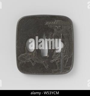 Hand guard, Rounded rectangular tsuba with raised edge, on one side ...