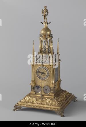 Tower clock and four dials on wooden trestle, tower clockwork measuring ...