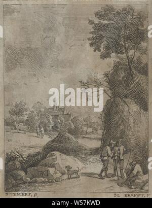 Two shepherds and a shepherdess with a dog are in a cave near classical ...