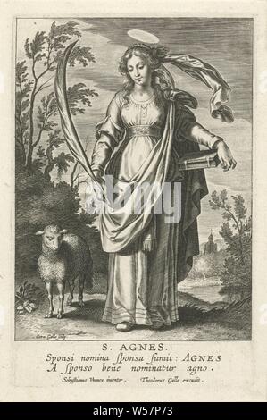 . Saint Agnes with a palm branch in her hand and a lamb for her. In the ...