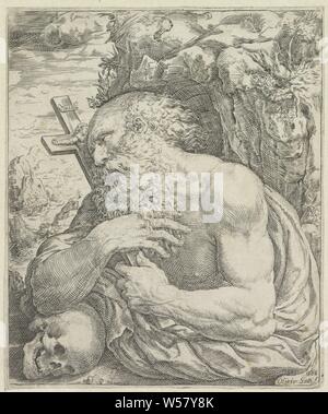 Saint Jerome as a hermit in the wilderness. He is kneeling to pray ...