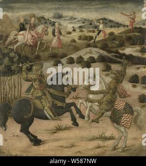 Two knights in armor on horseback fighting a duel with swords in a ...