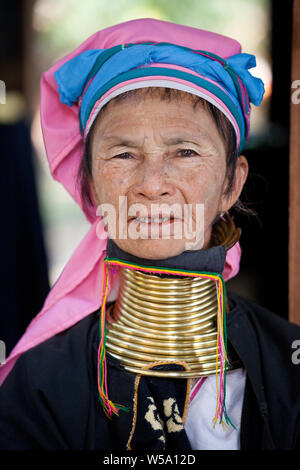 Myanmar, Burma - December 30, 2013: Smiling long-neck Kayan Padaung ...