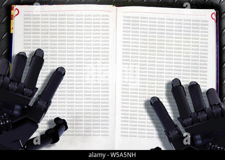 Machine learning placard. Robot reads textbook with binary code as ...