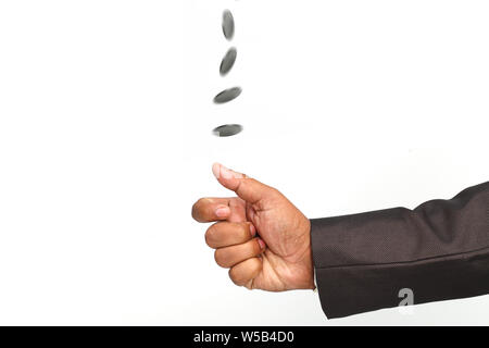 Businessman hand tossing coin to flip on heads or tails, concept of ...
