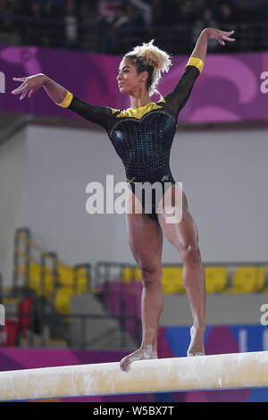 Lima, Peru. 27th July, 2019. Victoria Woo (#17) performs her beam ...
