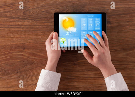 Man hand checking weekly weather forecast on tablet Stock Photo - Alamy