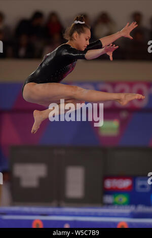 Lima, Peru. 27th July, 2019. Victoria Woo (#17) performs her beam ...