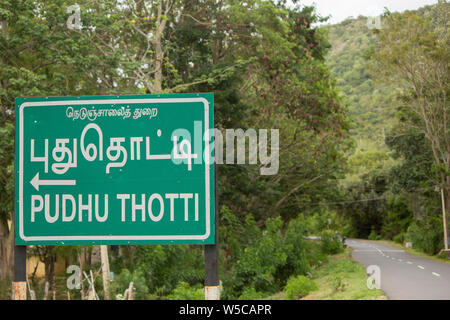 State border with Karnataka, sign in three languages, Kannada, Tamil ...