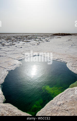 Water of Lake Karum, visible through a hole in the salt flat, Danakil ...