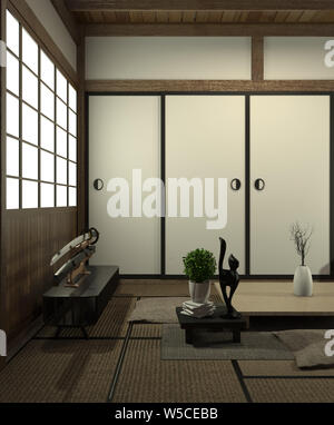 Cabinet in Living room with tatami mat floor and sofa armchair design ...