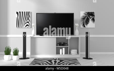 TV on the cabinet in modern living room on white wall background,3d ...