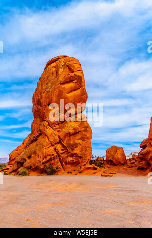 Sunrise over the bright red Aztec sandstone rock formation of the Seven ...