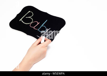 female hand writes word happy with the inky pen on a white paper sheet ...