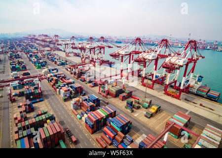 An aerial view of containers stacked at the fully automated container ...