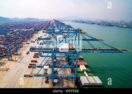--FILE--An aerial view of containers stacked at the fully automated ...
