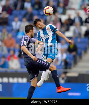 Wu Lei of RCD Espanyol, right, prepares for a shot to score his first ...