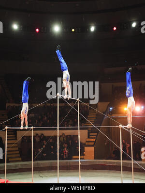 Acrobats perform exercises on the bar in the Circus arena Stock Photo ...
