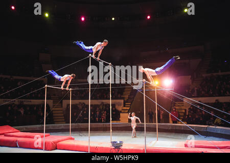Acrobats perform exercises on the bar in the Circus arena Stock Photo ...