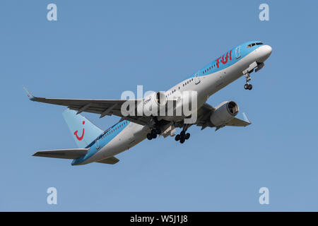A TUI Boeing 757-200 takes off from Manchester International Airport ...