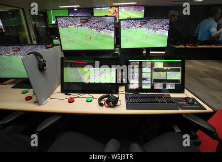 A VAR station within the VAR Hub at Premier League Productions ...