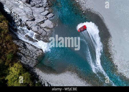 Shotover Jet aerial on the Shotover River, Queenstown, New Zealand ...