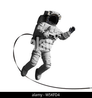 astronaut with safety tether performing a spacewalk, isolated on black ...