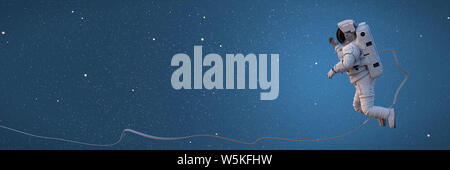 astronaut with safety tether performing a spacewalk, isolated on black ...