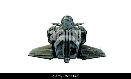 Old alien spaceship in deep space, dirty spacecraft flying in the ...