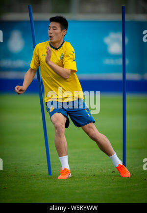 Chinese footballer Wu Lei takes part in a training session of RCD ...