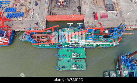 The 138-meter-long dredging vessel Xin Hai Xu is docked at a port in ...