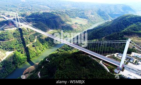 Aerial view of the Longjiang Bridge, connecting the cities of Baoshan ...