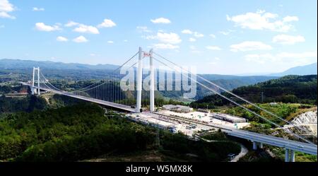 Aerial view of the Longjiang Bridge, connecting the cities of Baoshan ...
