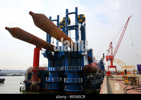The 138-meter-long dredging vessel Xin Hai Xu is docked at a port in ...