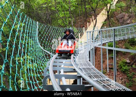 Tourists take a roller coaster ride cross over forests of the Fuxi ...