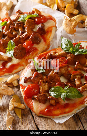 Juicy Italian pizza with cheese and mushrooms on a white plate. Close ...