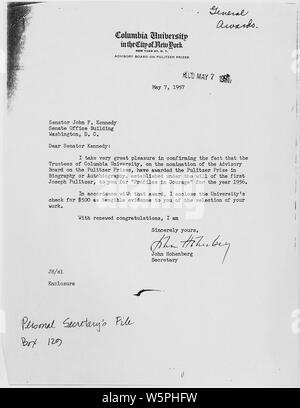 Pulitzer Prize Letter May 7, 1957; Scope and content: Letter from ...