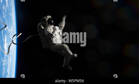 astronaut with safety tether performing a spacewalk in orbit of planet ...