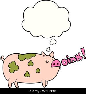 cartoon oinking pig with thought bubble in grunge texture style Stock ...