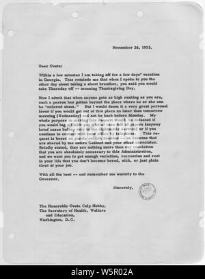 Letter from President Eisenhower to Oveta Culp Hobby; Scope and content ...