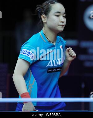 Wang Yidi, a Chinese table tennis player during the game at WTT finals ...