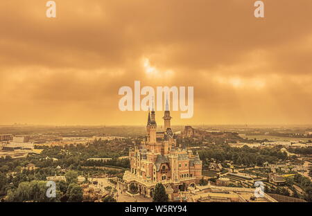An aerial view of the Enchanted Storybook Castle in Shanghai Disneyland ...