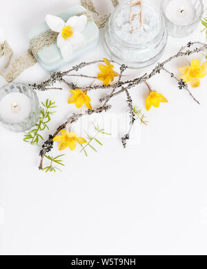 Spa treatment with blooming branch on white wooden table Stock Photo ...