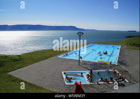 The swimming pool in Hofsós, Iceland, has a great view over ...