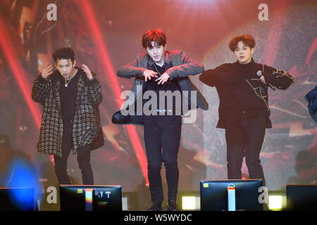 Members of Chinese boy group Nine Percent attend the launch event for ...