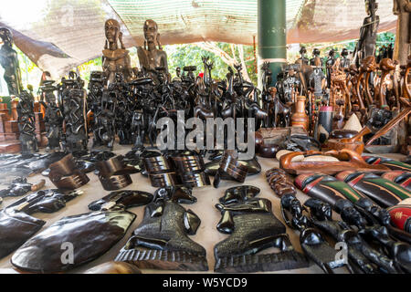 African wooden art souvenir sold on open air market FEIMA in Maputo ...