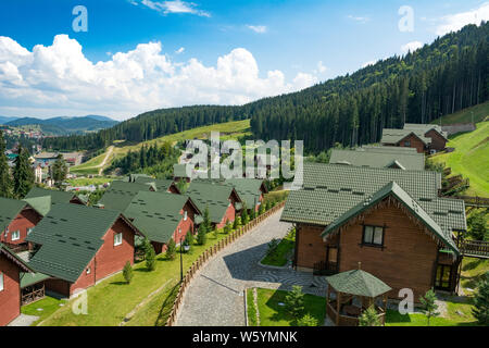 Bukovel, Ukraine - August 21, 2018: Wooden houses in the ski resort ...