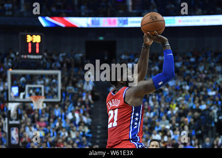 Philadelphia 76ers' Joel Embiid plays during a preseason NBA basketball ...
